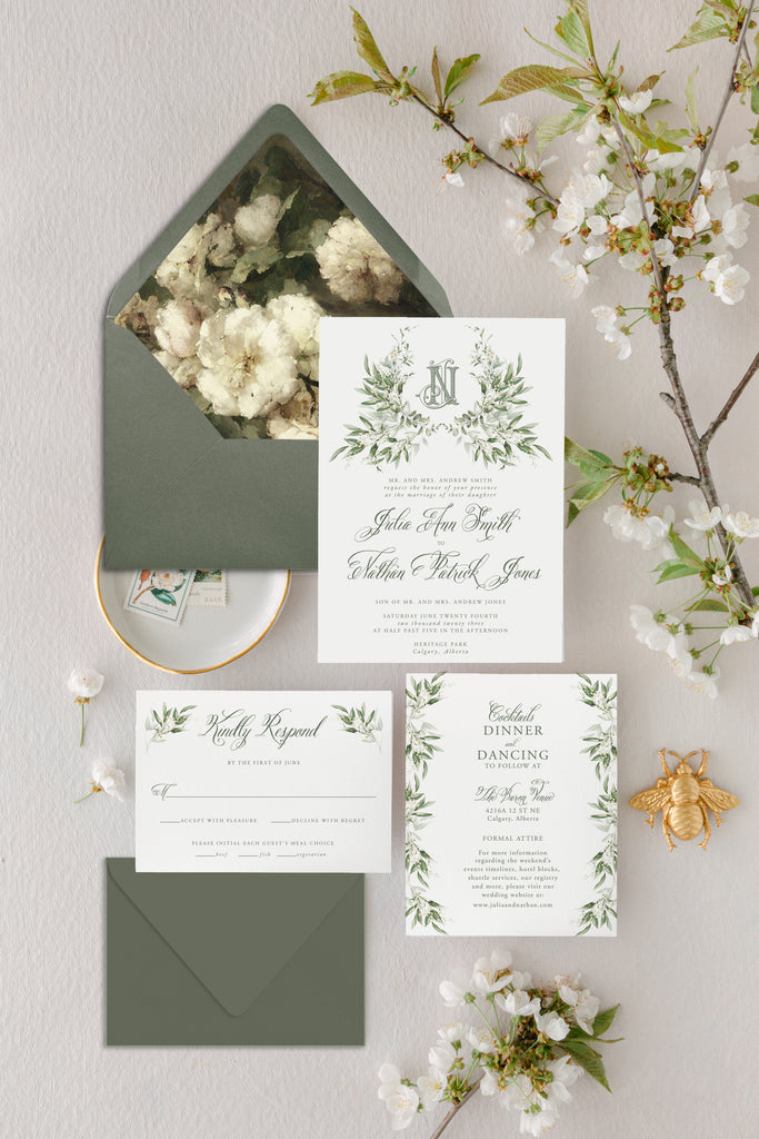 Monogram Wedding Invitation, Greenery Watercolor - Cotton Willow Design Co.