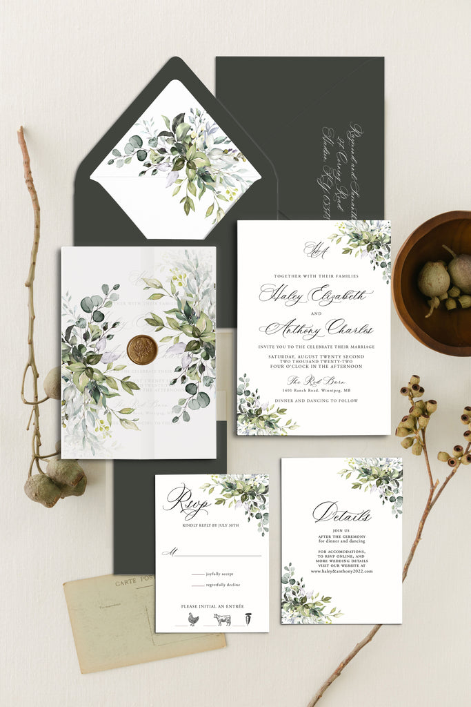 Greenery Wedding Invitation Set with Vellum Wrap - Cotton Willow Design Co.