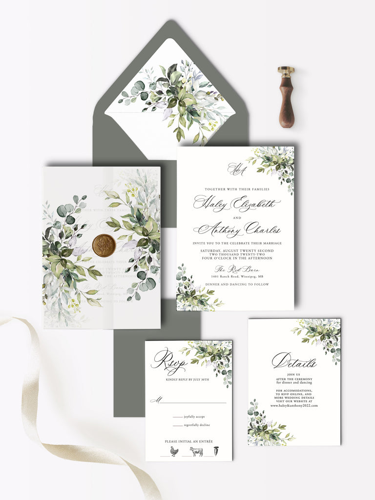 Greenery Wedding Invitation Set with Vellum Wrap - Cotton Willow Design Co.