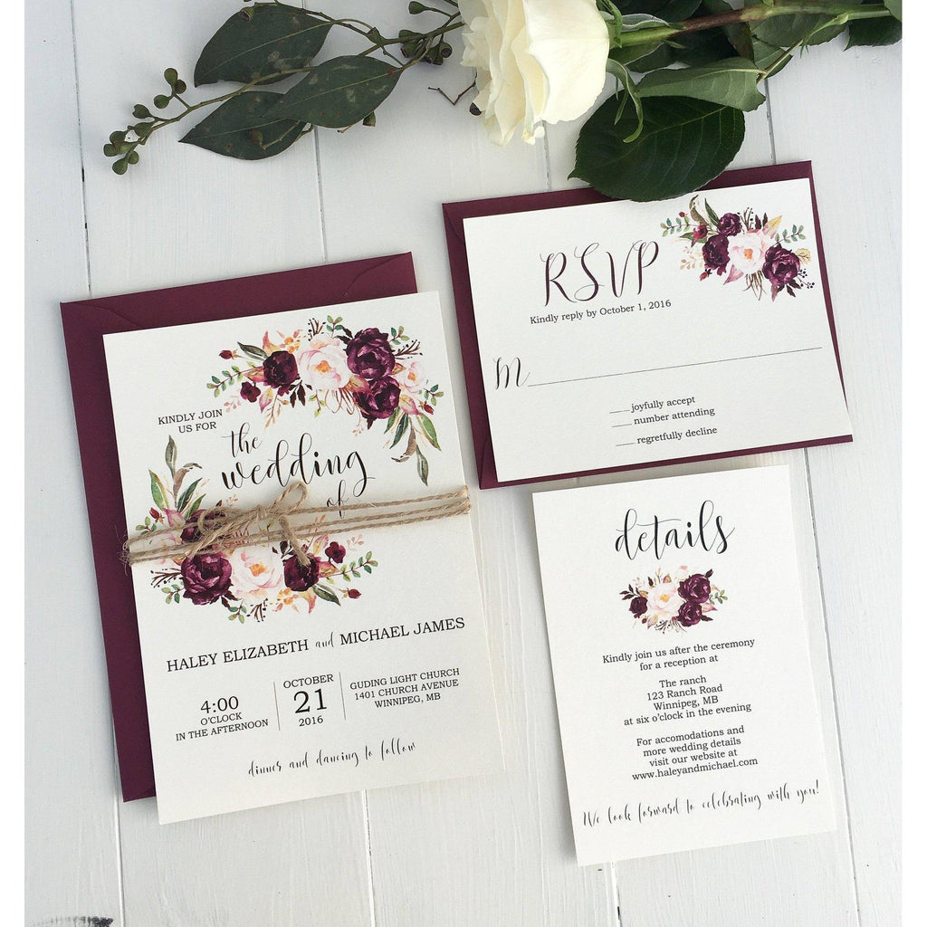 Rustic Marsala Wedding Invitation, Burgundy Wedding - Cotton Willow ...