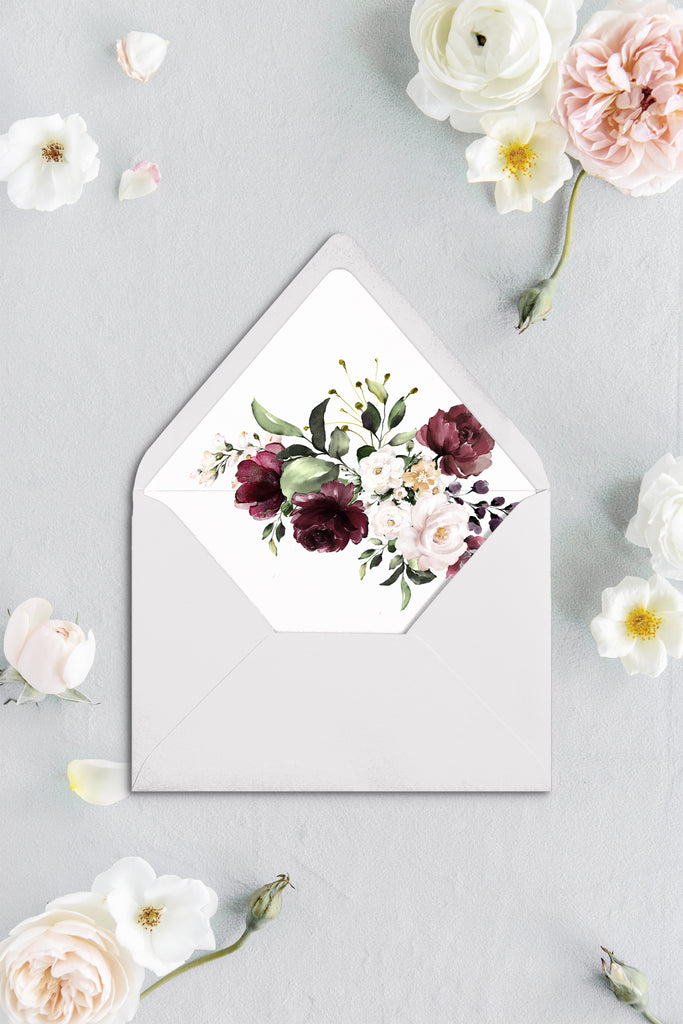 Blush and Burgundy Floral Wedding Invitation Envelope Liners - Cotton ...
