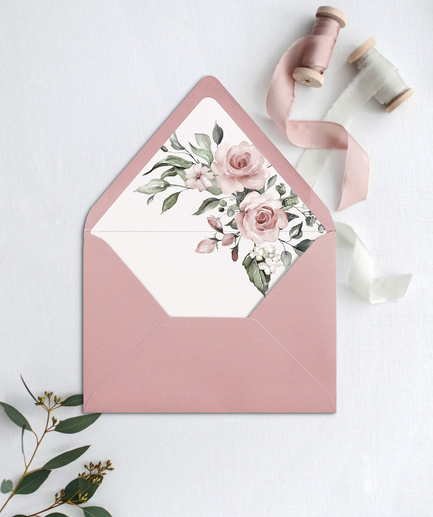 Dusty Rose Floral Wedding Invitation Envelope Liners - Cotton Willow ...