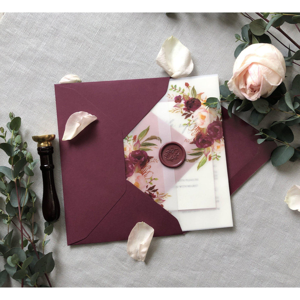 Marsala Floral Translucent Wedding Invitation - Cotton Willow Design Co.