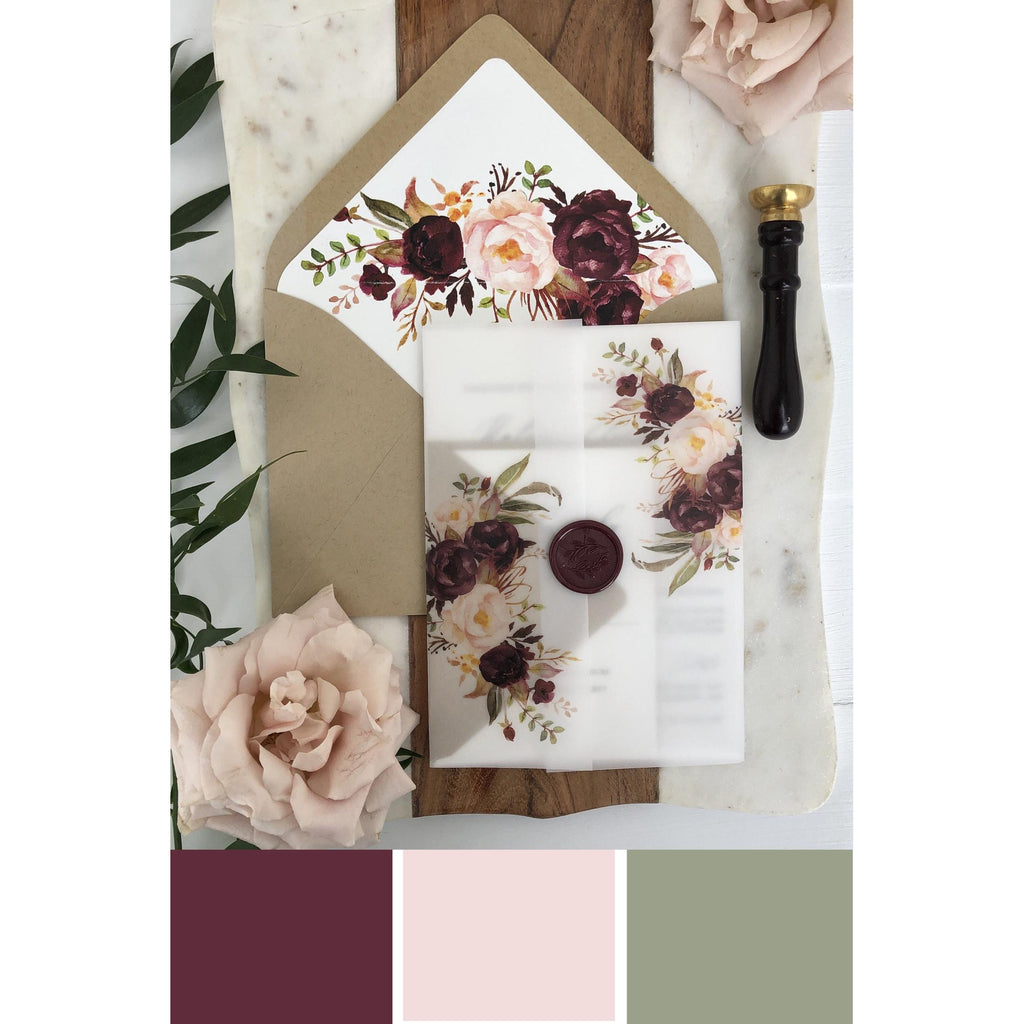Marsala Floral Translucent Wedding Invitation - Cotton Willow Design Co.