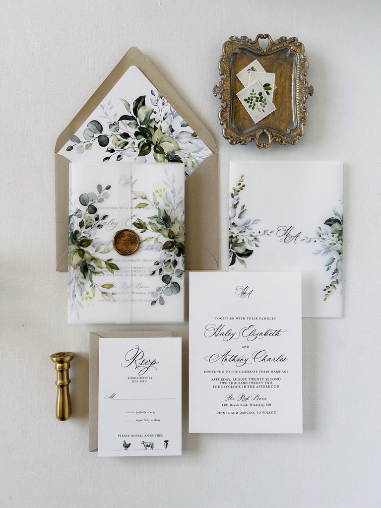 Rustic Greenery Vellum Wedding Invitation Set with Gold Wax Seal ...