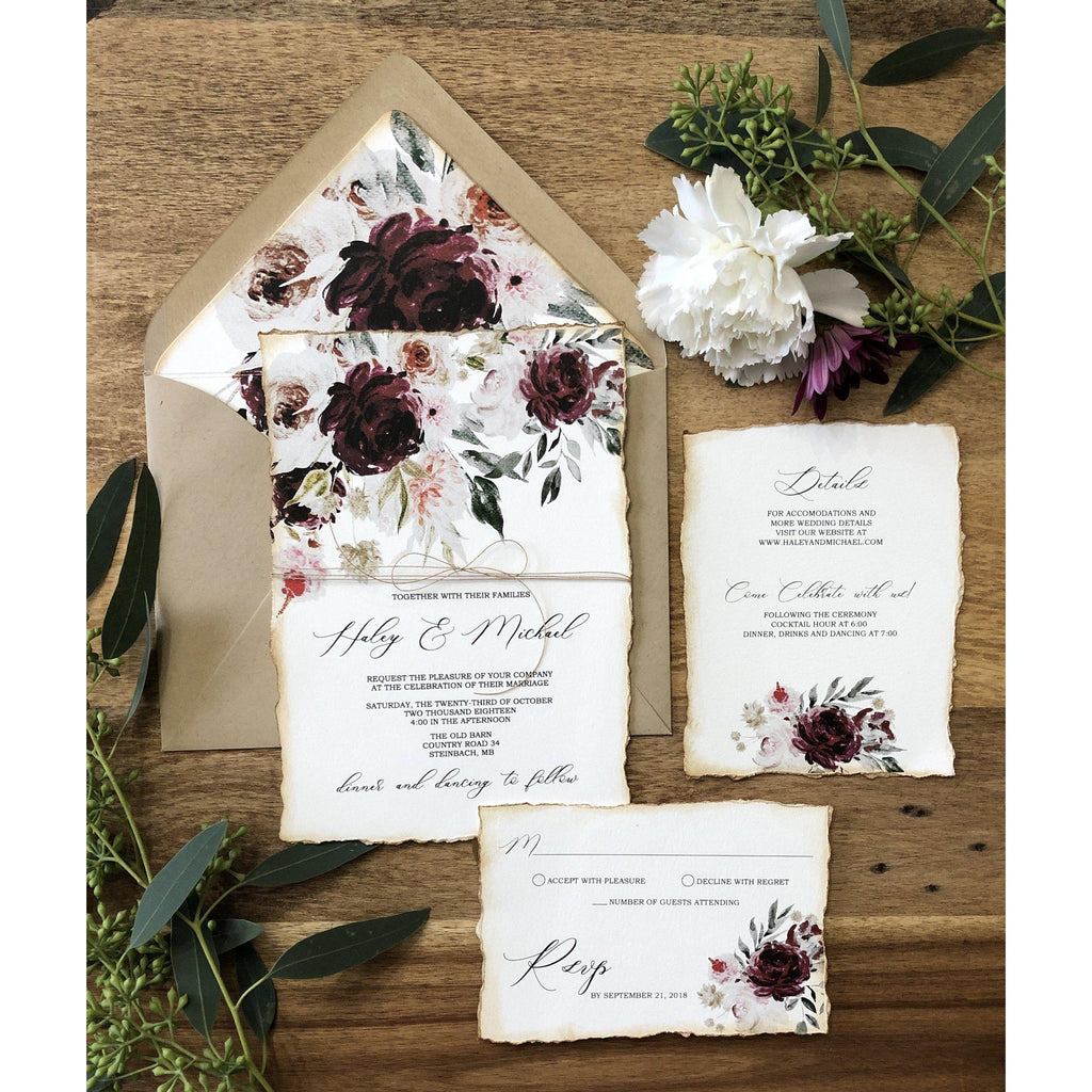 Rustic Burgundy Floral Wedding Invitation - Cotton Willow Design Co.