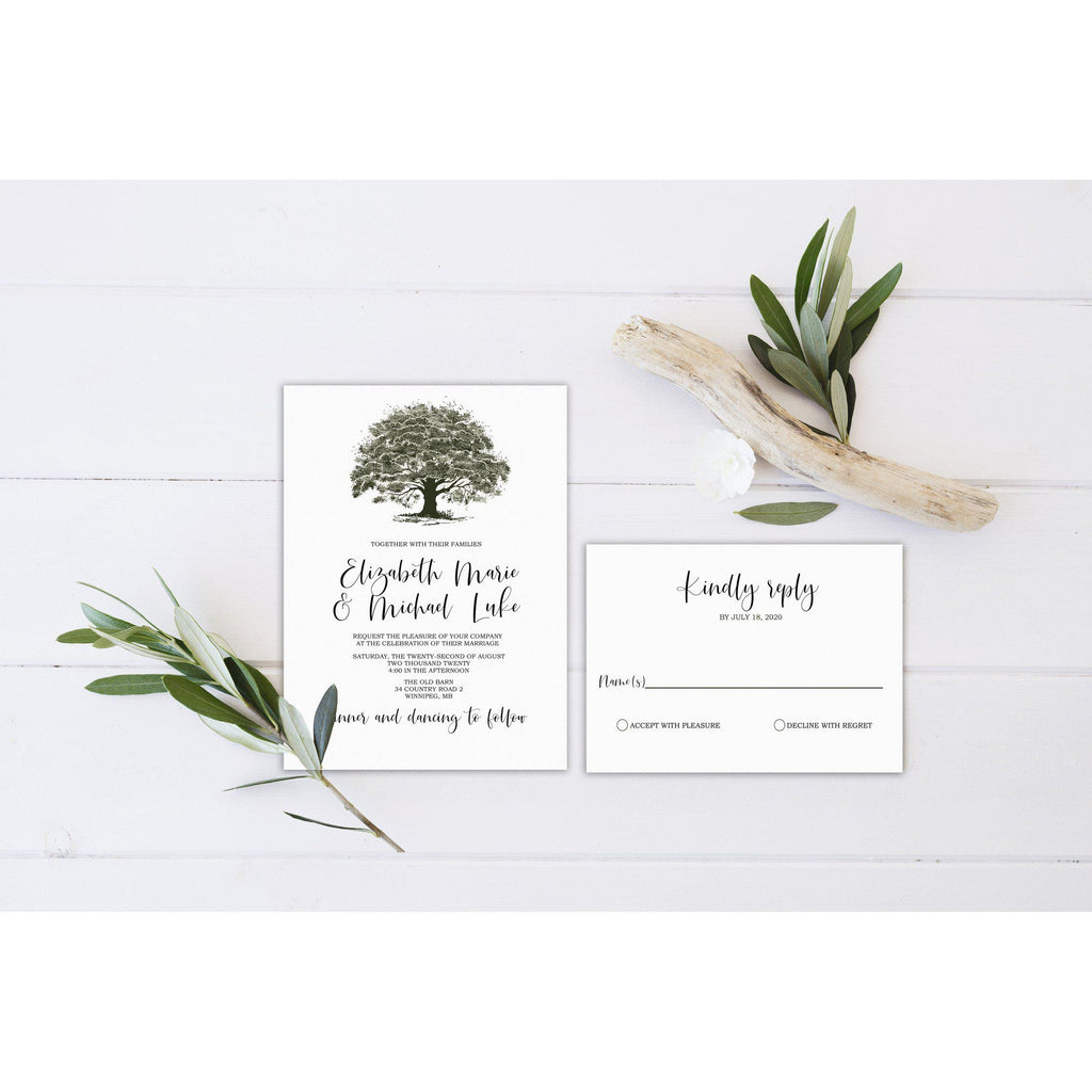 Rustic Wedding Invitation with Oak Tree - Cotton Willow Design Co.