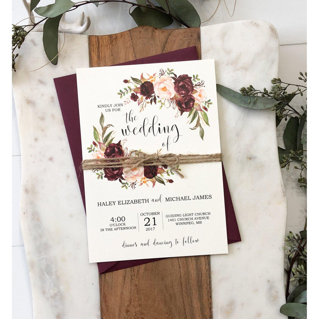 Rustic Marsala Wedding Invitation, Burgundy Wedding - Cotton Willow ...