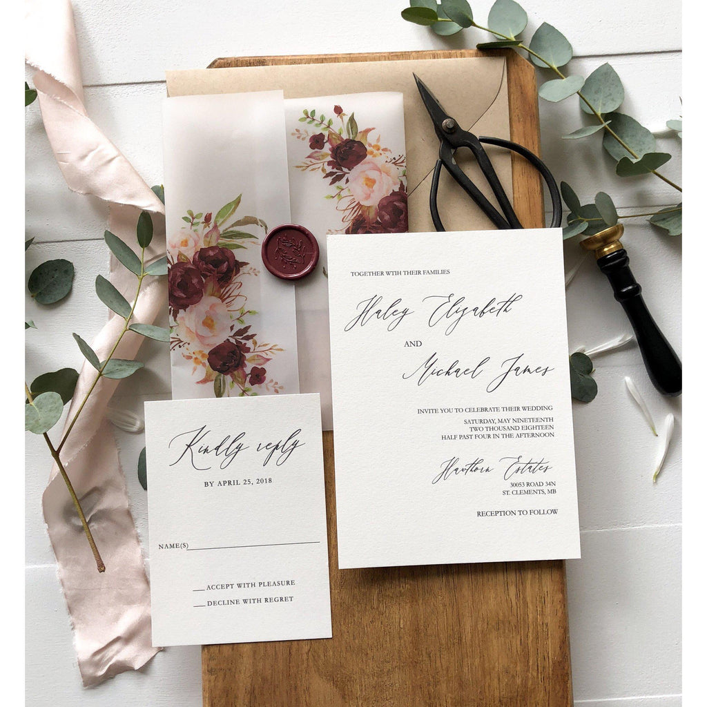 Marsala Floral Translucent Wedding Invitation - Cotton Willow Design Co.