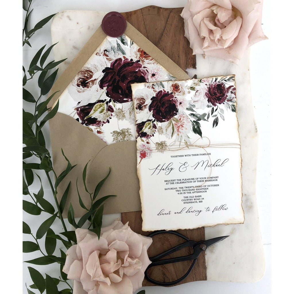Rustic Burgundy Floral Wedding Invitation - Cotton Willow Design Co.
