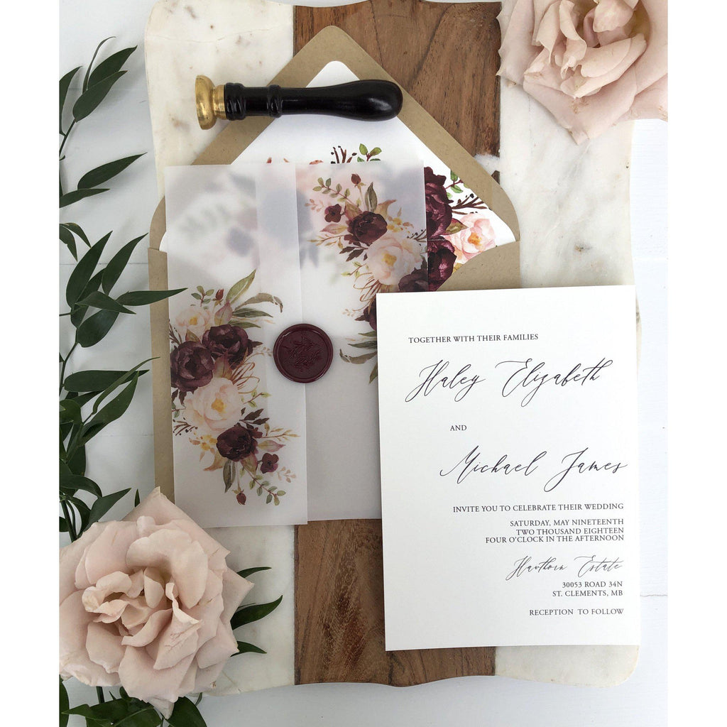 Marsala Floral Translucent Wedding Invitation - Cotton Willow Design Co.
