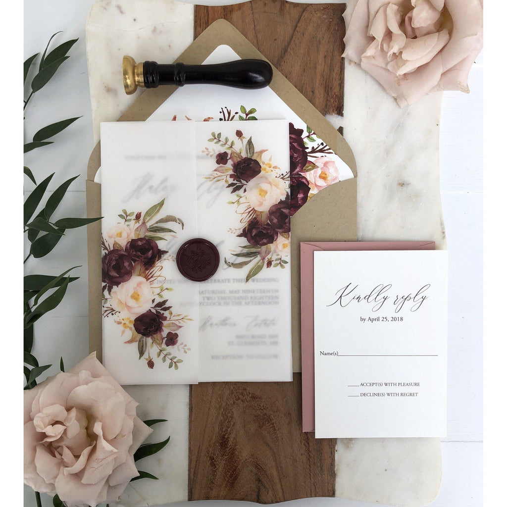 Marsala Floral Translucent Wedding Invitation - Cotton Willow Design Co.