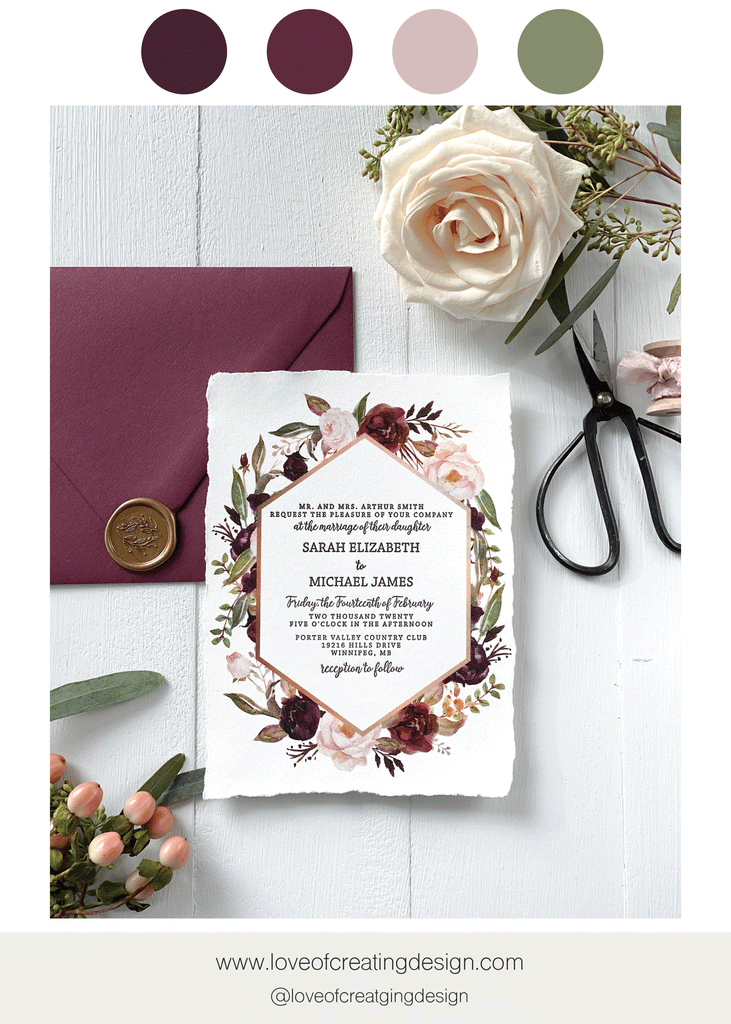 Letterpress Wedding Invitation, Marsala and Blush Floral - Cotton ...