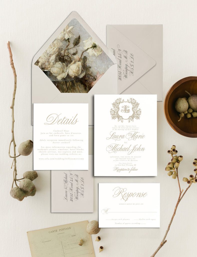 Elegant Romantic Wedding Invitation with Floral and Monogram - Cotton ...