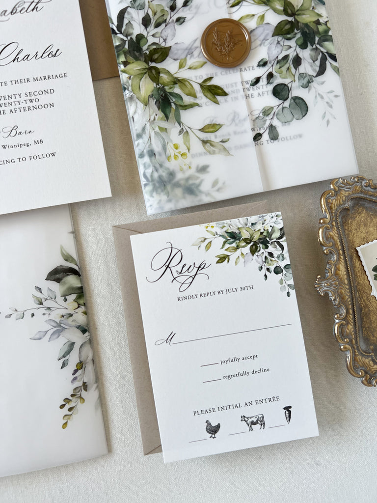 Rustic Greenery Wedding Invitation Set, Vellum with Gold Wax Sea ...
