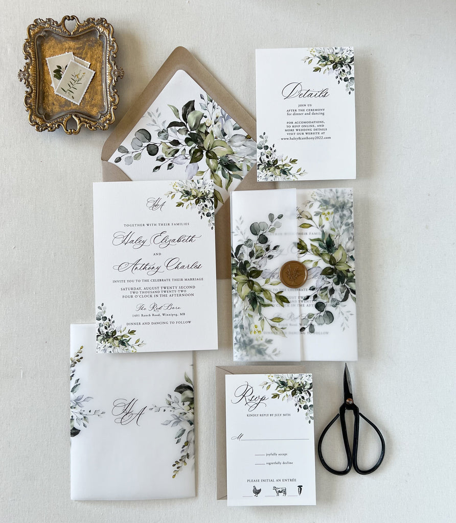 Rustic Greenery Wedding Invitation Set, Vellum with Gold Wax Sea ...