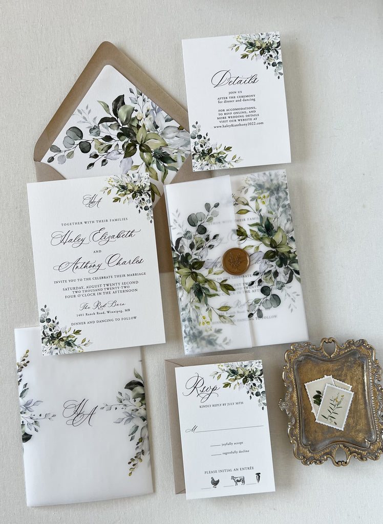 Rustic Greenery Wedding Invitation Set, Vellum with Gold Wax Sea ...