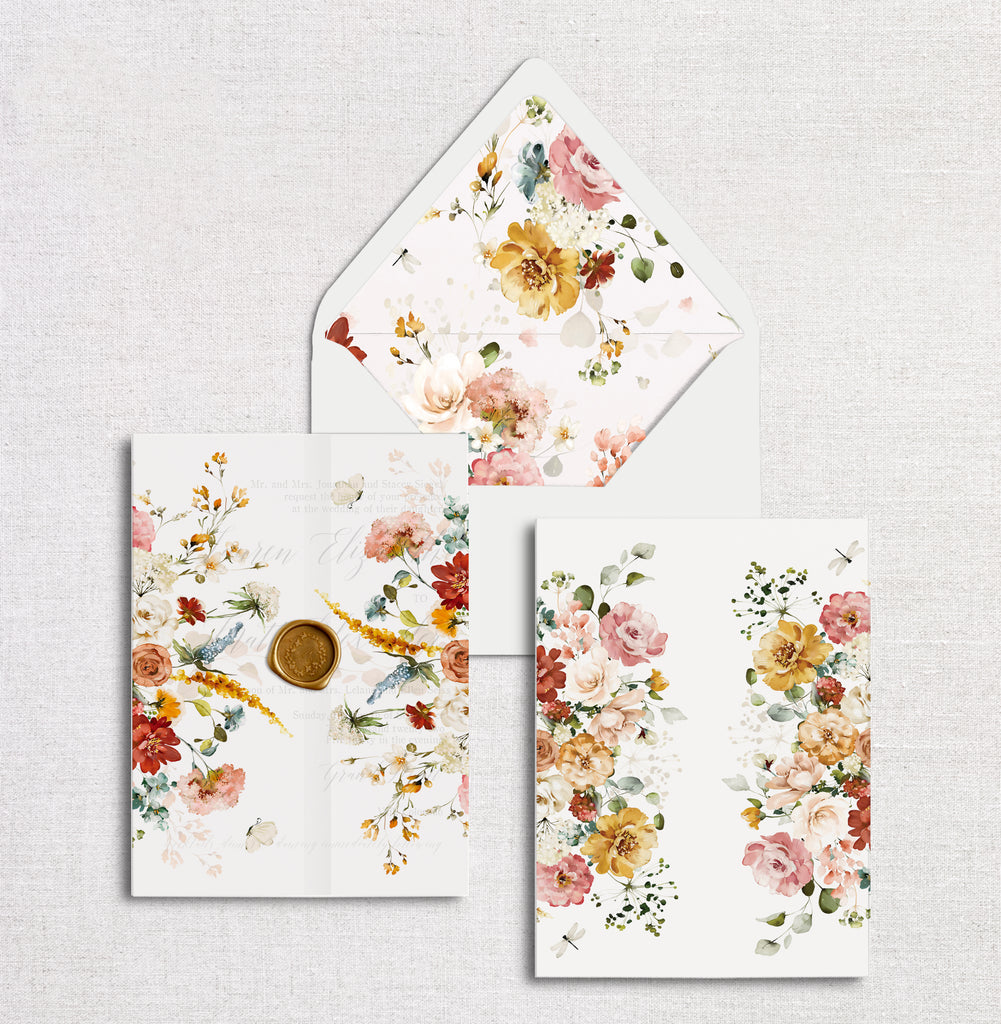 Summer Wildflower Floral Vellum Invitation Jacket Wrap, and Envelope ...